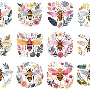 Boho Bees Clipart Pink Mint Flowers Wreath Honey Bumble Bee Watercolour ...