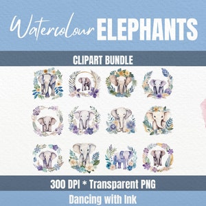 Elephants Clipart Set Teal and Purple Digital Png Illustration Bundle ...