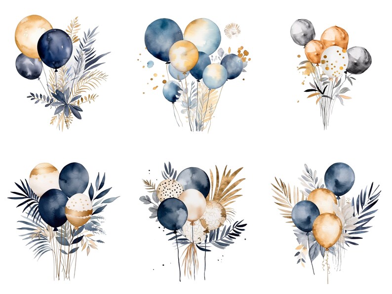 Clipart Balloons Navy Blue and Gold Set Prussian Digital Transparent ...