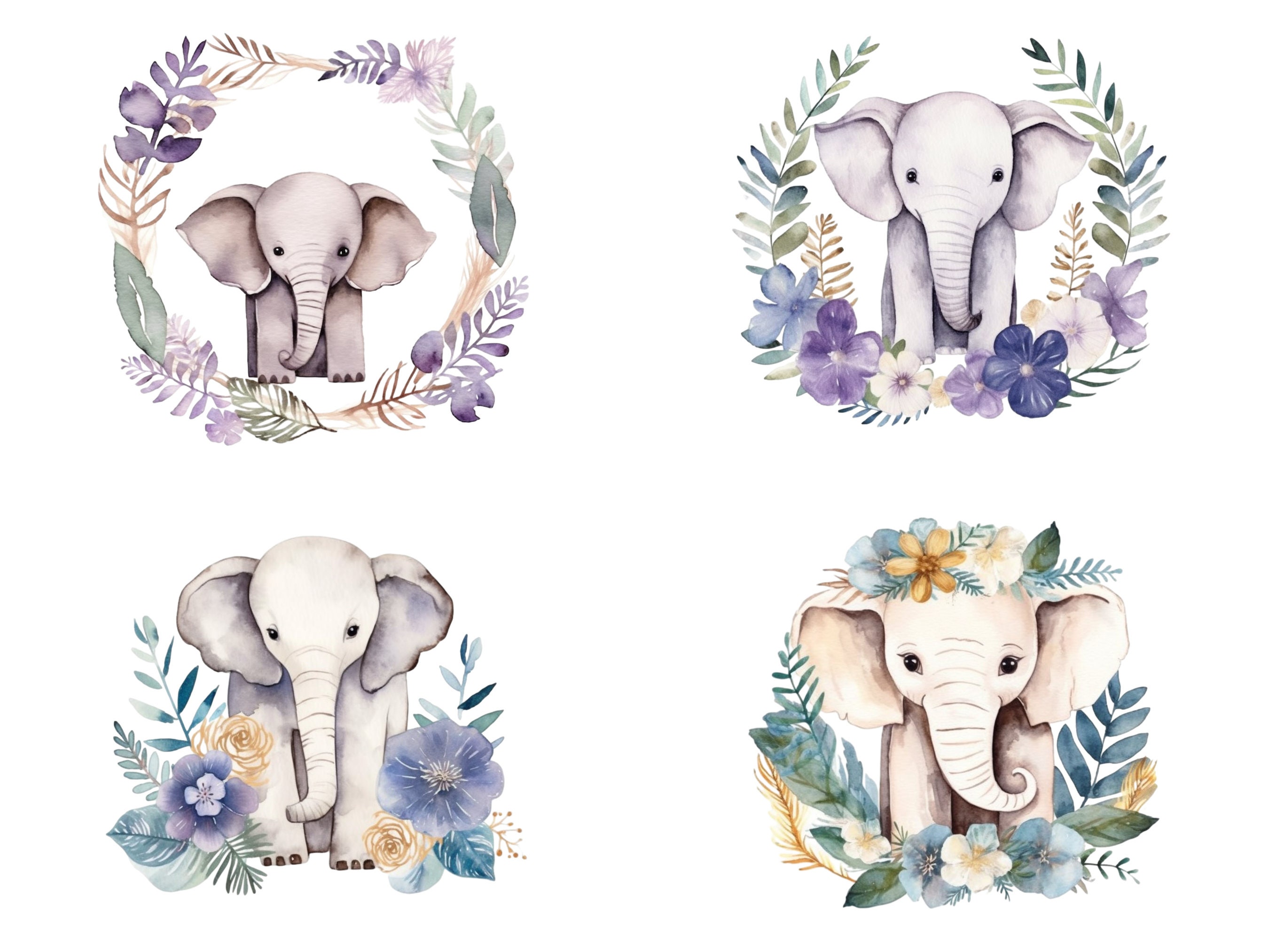 Elephants Clipart Set Teal and Purple Digital Png Illustration - Etsy