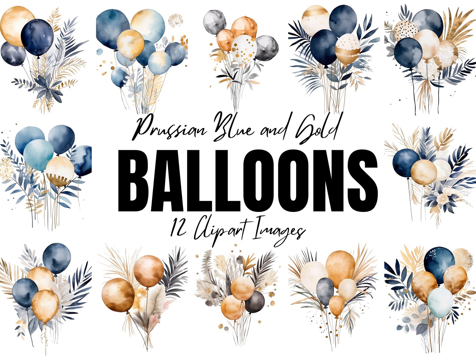 Clipart Balloons Navy Blue and Gold Set Prussian Digital Transparent ...