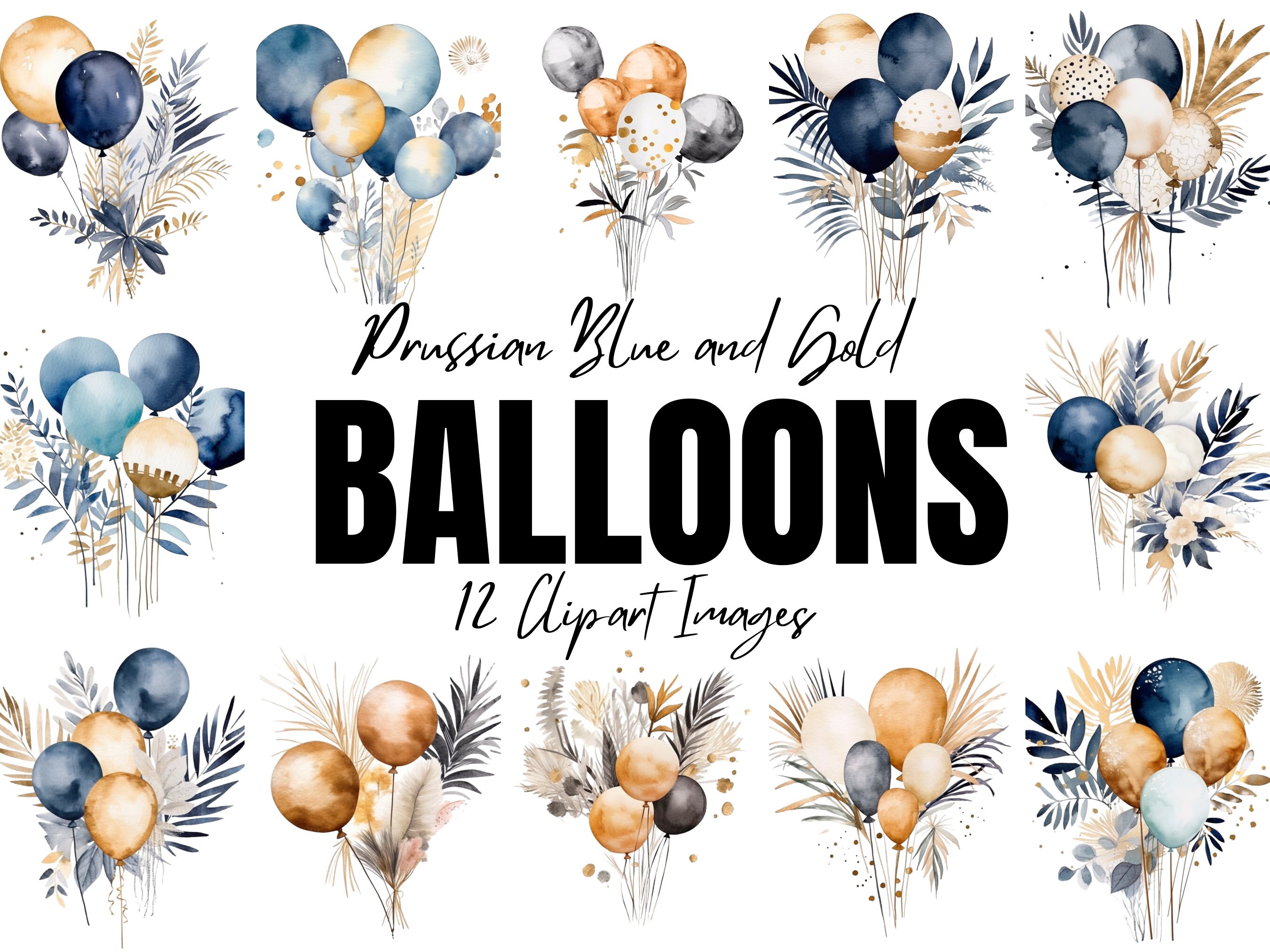 Clipart Balloons Navy Blue and Gold Set Prussian Digital - Etsy