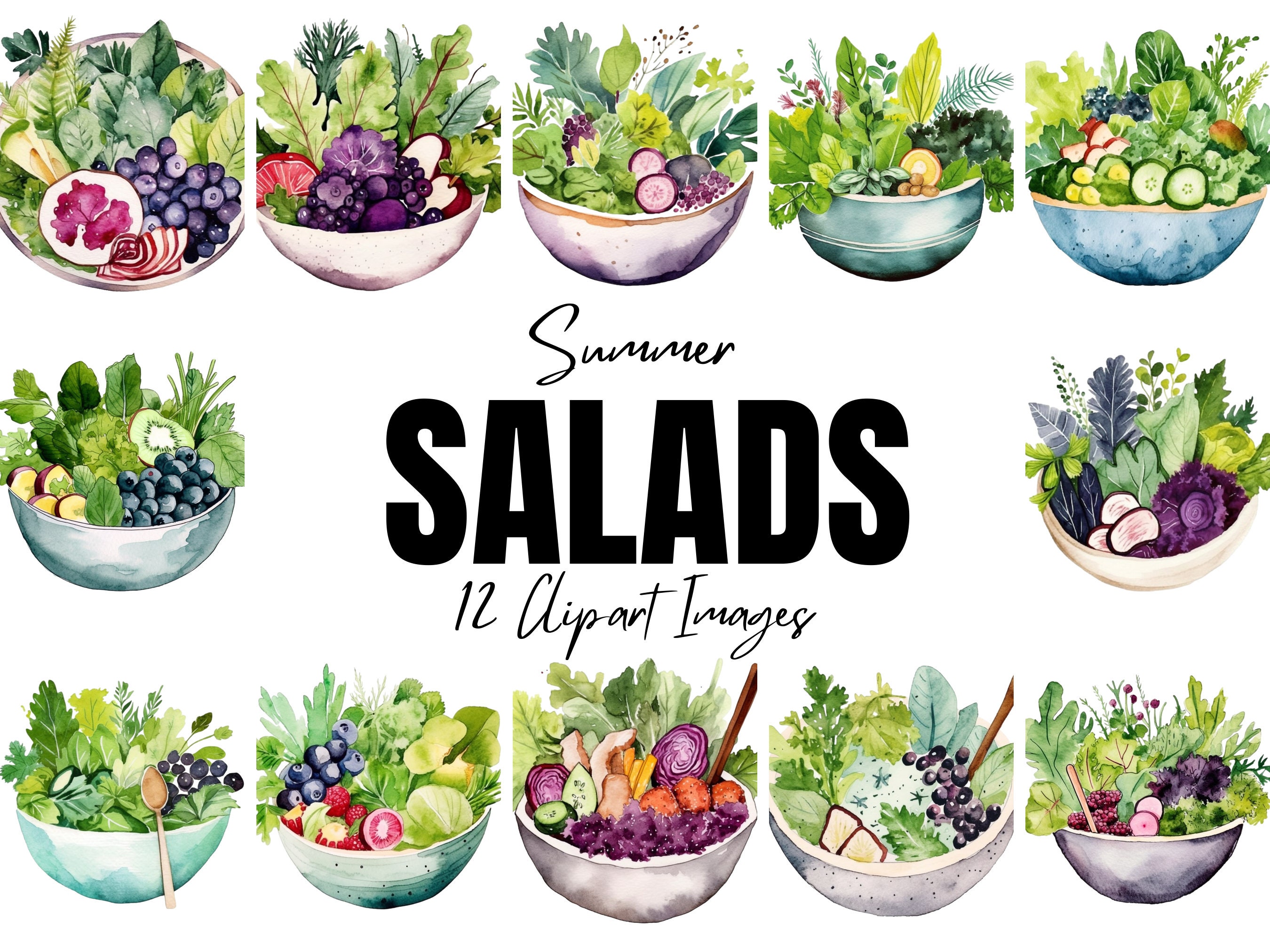 Summer Salads Clipart Purple Green Watercolour Food Menu Diet Lettuce ...