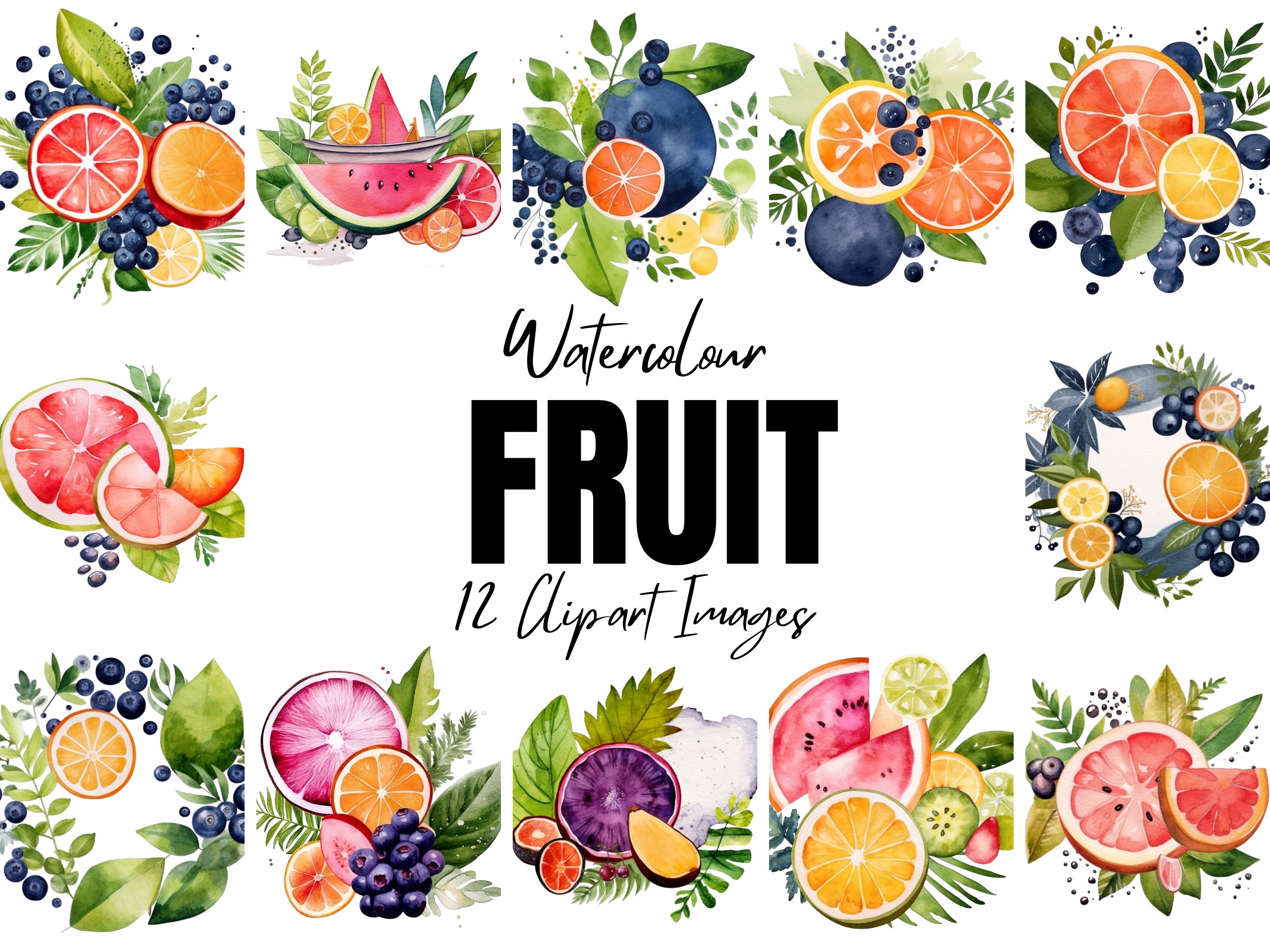 Watercolour Fruit Clipart Set Healthy Food Branding Design - Etsy