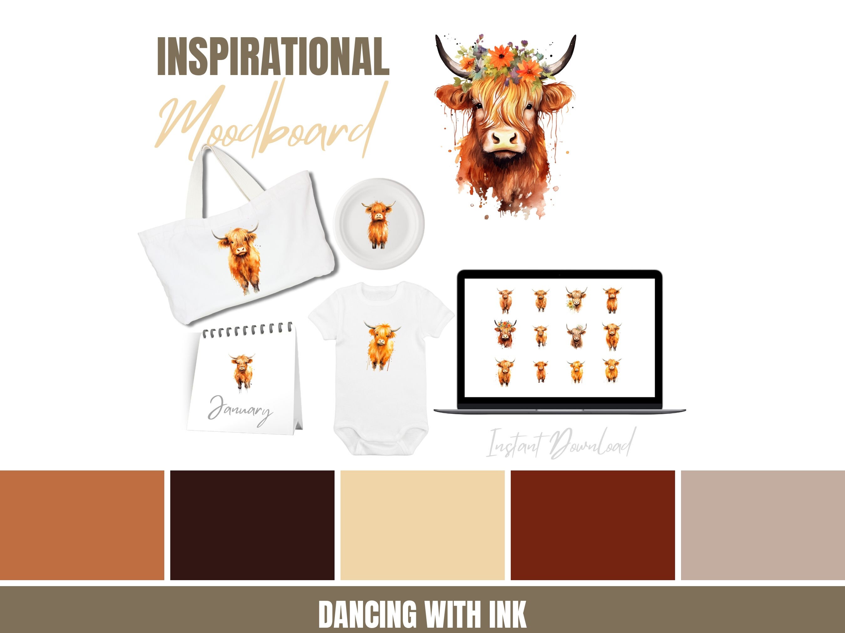 Highland Cow Clipart Set Watercolour Heilan Coo Png Commercial Use ...