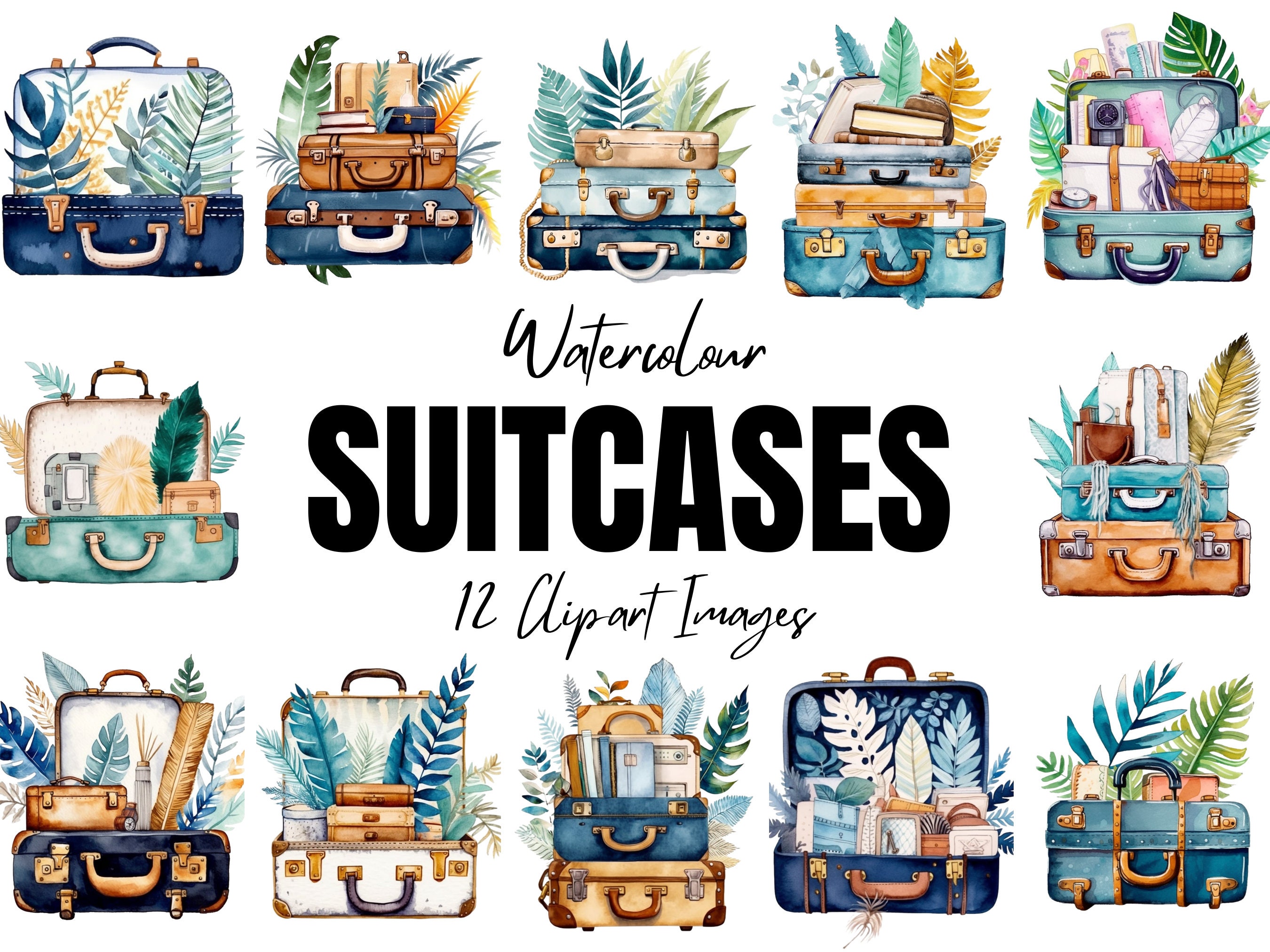 Blue Suitcases Clipart Travel Adventure Watercolour Digital Download ...