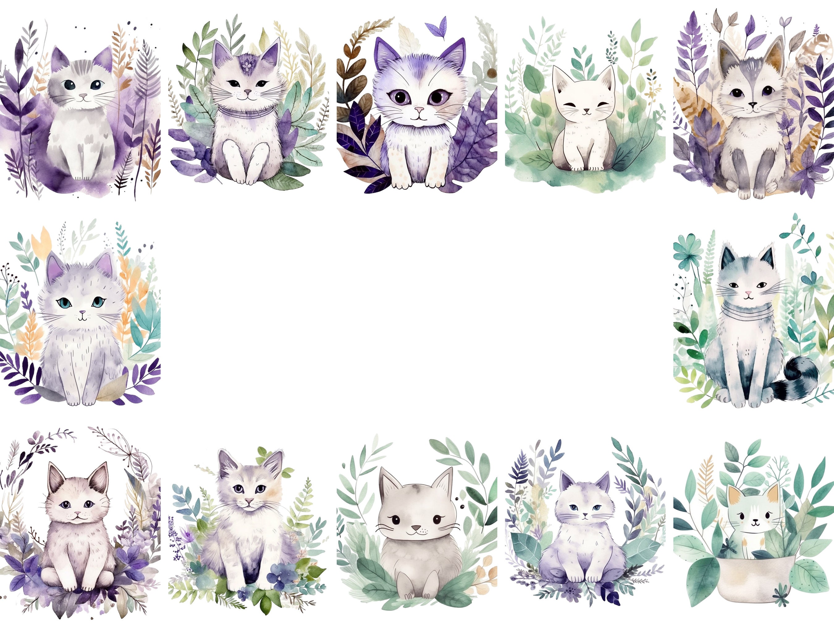 White Cats Clipart Lilac Mint Whimsical Watercolour Flowers - Etsy