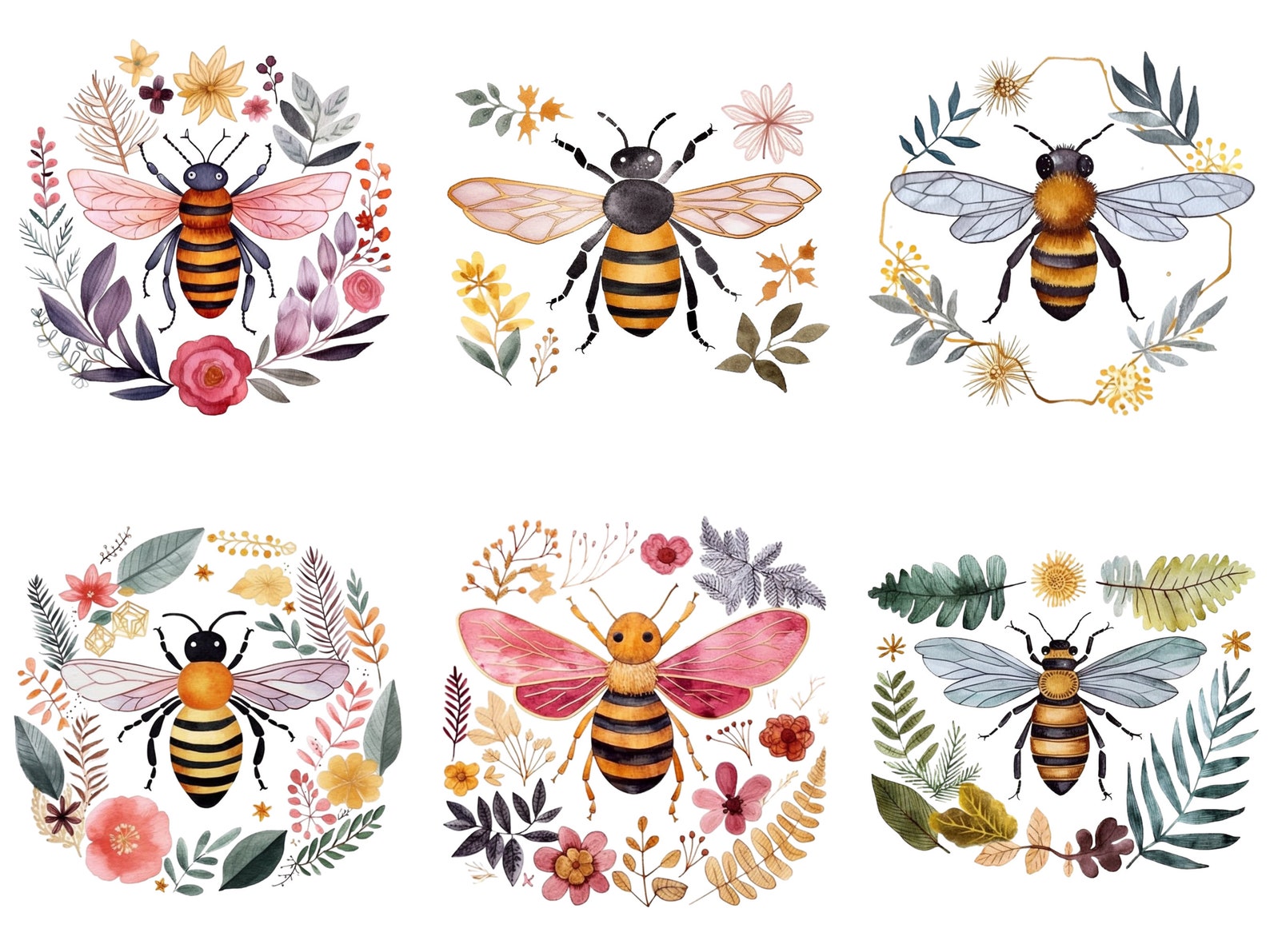 Boho Bees Clipart Pink Mint Flowers Wreath Honey Bumble Bee Watercolour ...