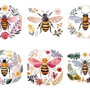 Boho Bees Clipart Pink Mint Flowers Wreath Honey Bumble Bee Watercolour ...