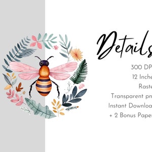 Boho Bees Clipart Pink Mint Flowers Wreath Honey Bumble Bee Watercolour ...