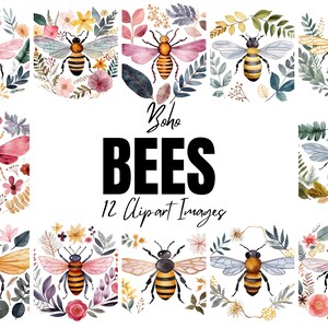 Boho Bees Clipart Pink Mint Flowers Wreath Honey Bumble Bee Watercolour ...