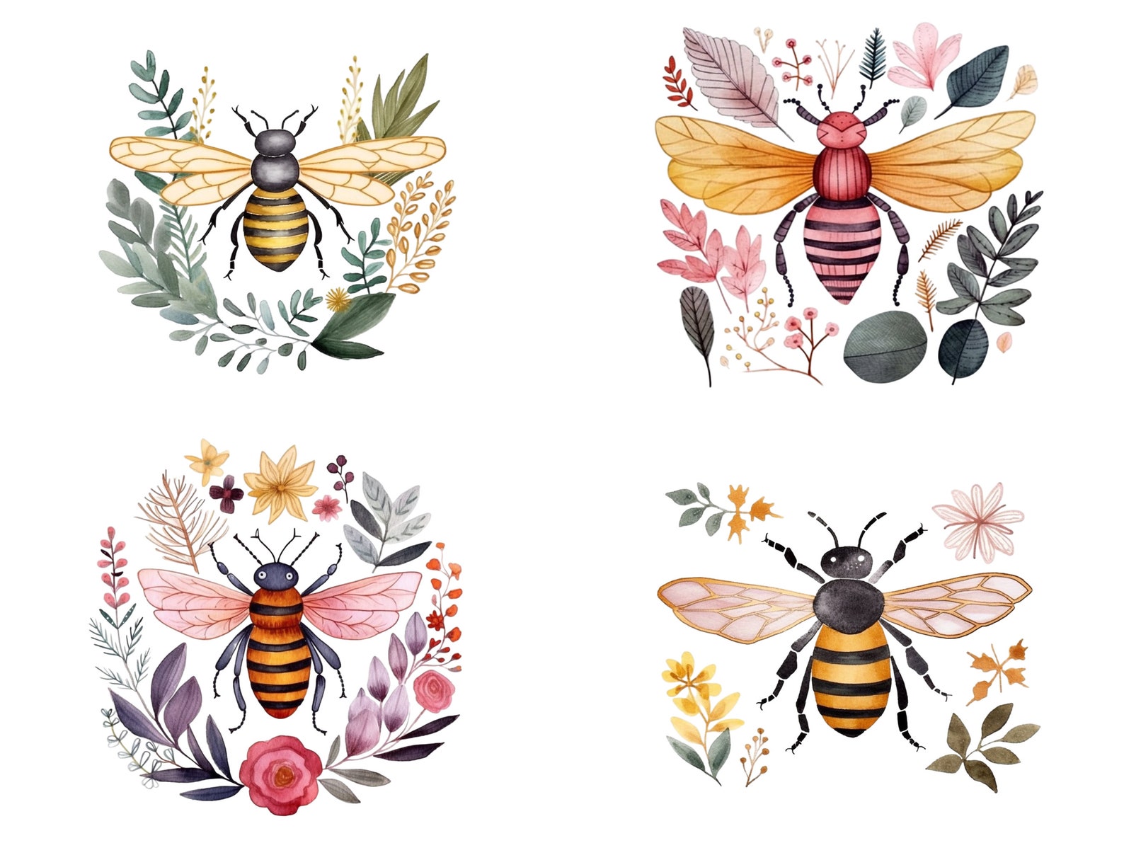 Boho Bees Clipart Pink Mint Flowers Wreath Honey Bumble Bee Watercolour ...