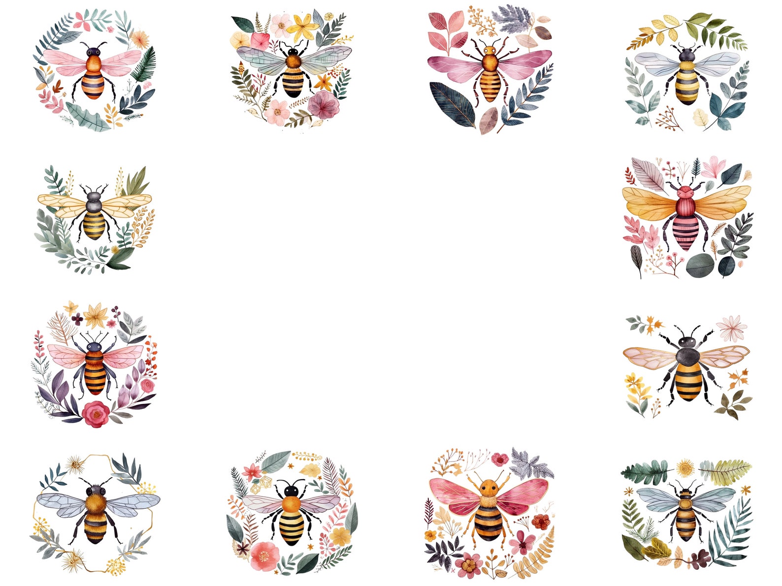 Boho Bees Clipart Pink Mint Flowers Wreath Honey Bumble Bee Watercolour ...
