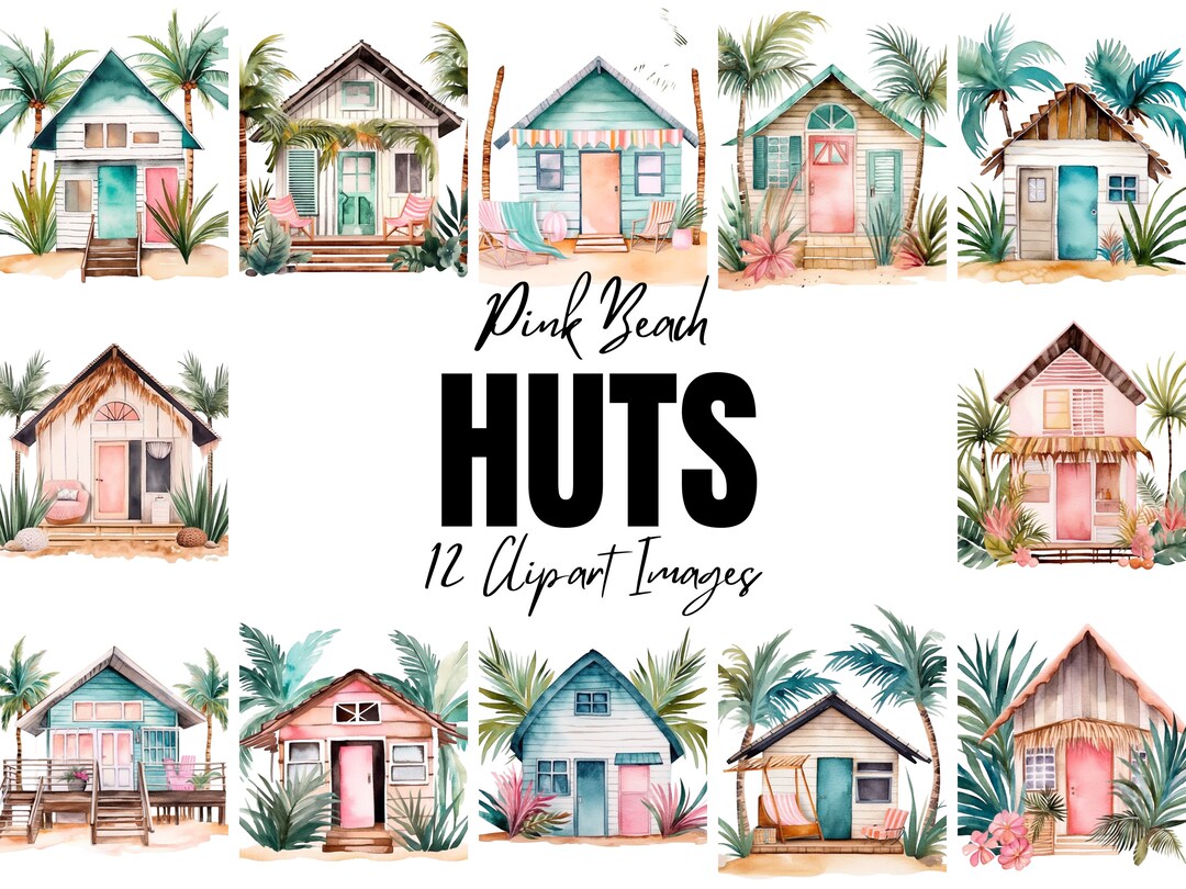 Clipart Beach Hut Graphics Set Pink Watercolour Bundle Summer Holiday ...