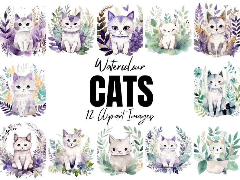 White Cats Clipart Lilac Mint Whimsical Watercolour Flowers - Etsy