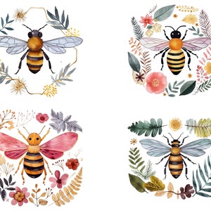 Boho Bees Clipart Pink Mint Flowers Wreath Honey Bumble Bee Watercolour ...