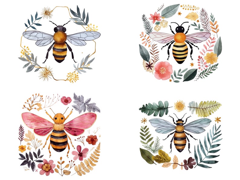 Boho Bees Clipart Pink Mint Flowers Wreath Honey Bumble Bee Watercolour ...