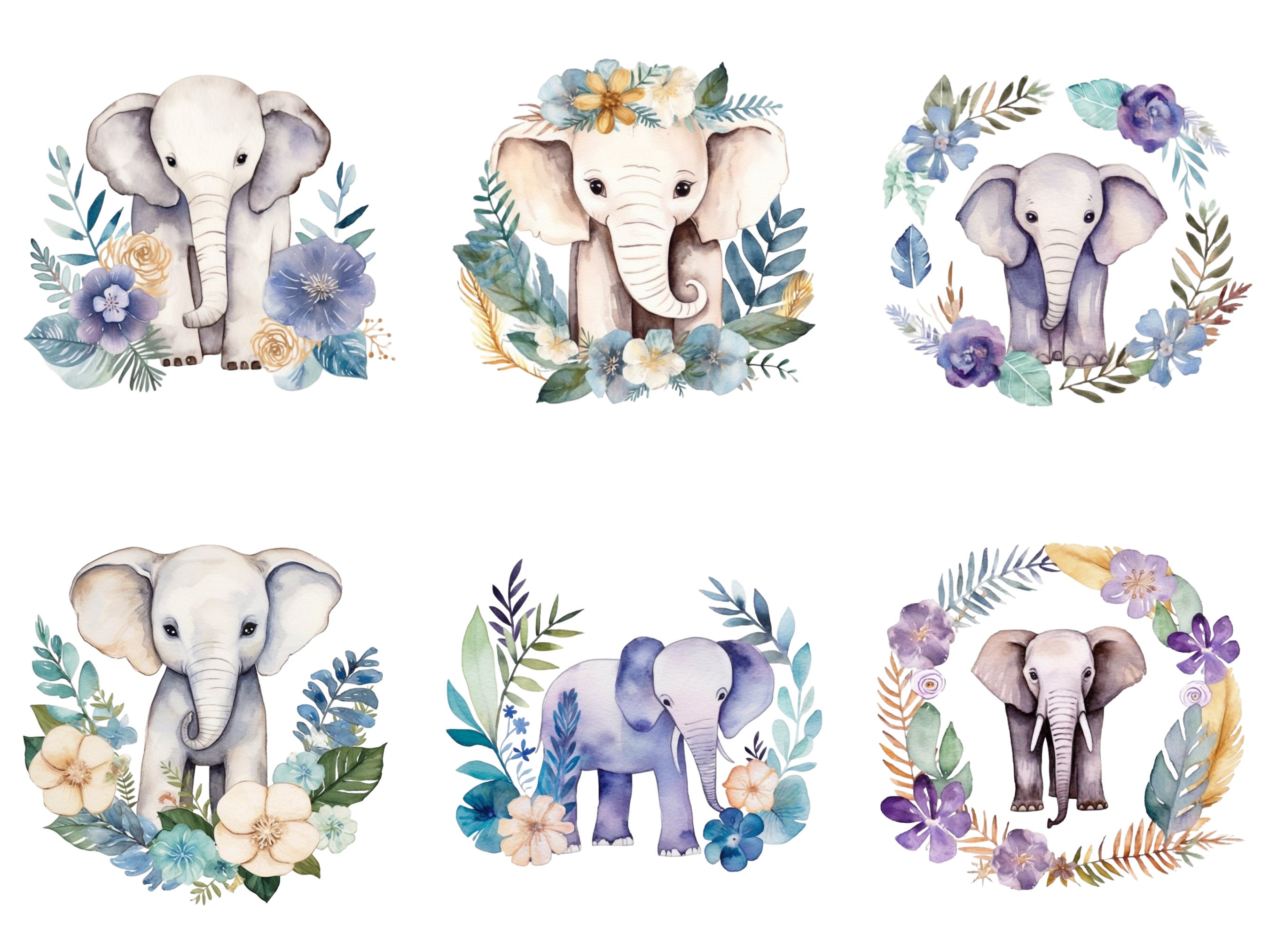 Elephants Clipart Set Teal and Purple Digital Png Illustration - Etsy