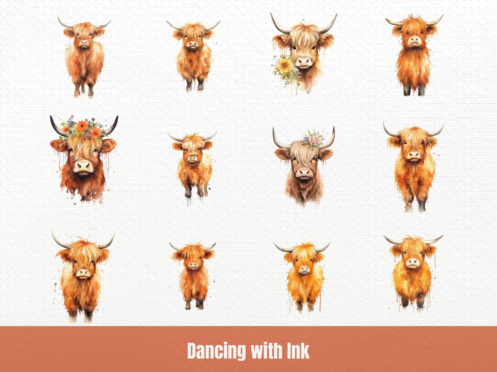 Highland Cow Clipart Set Watercolour Heilan Coo Png Commercial Use ...