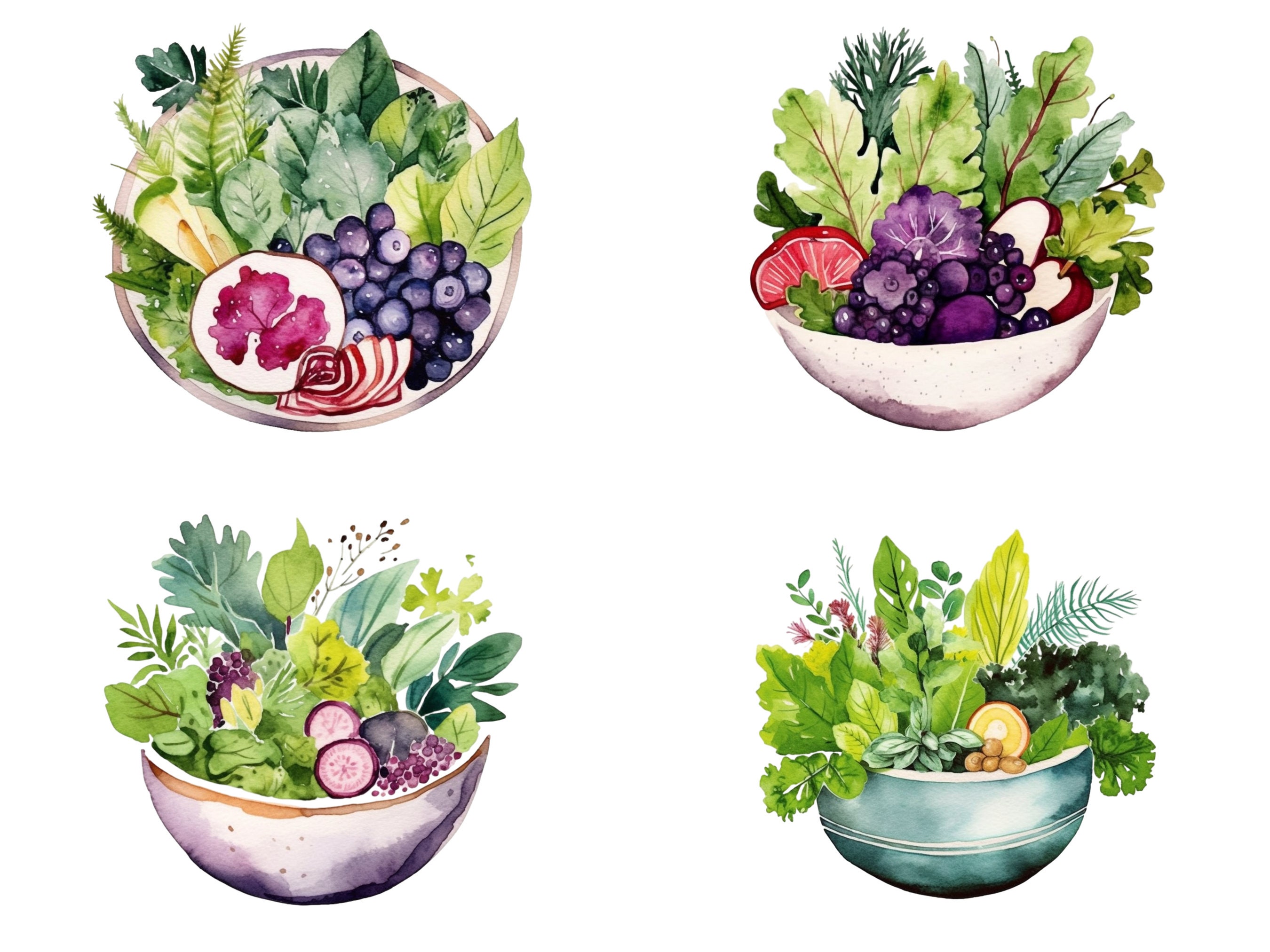 Summer Salads Clipart Purple Green Watercolour Food Menu Diet Lettuce ...