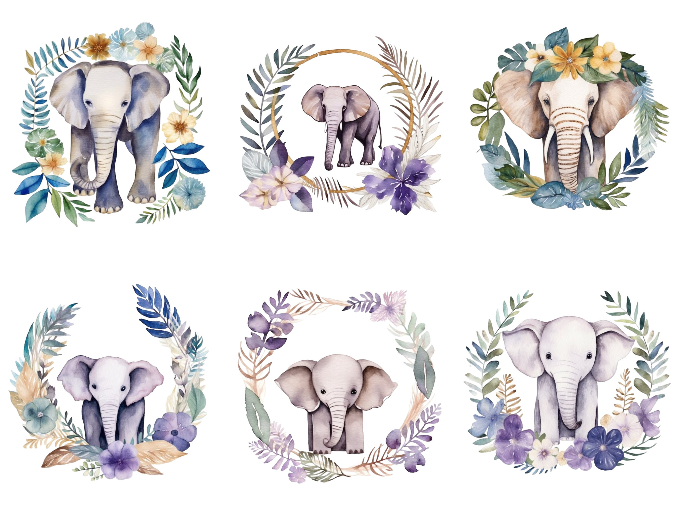 Elephants Clipart Set Teal and Purple Digital Png Illustration - Etsy