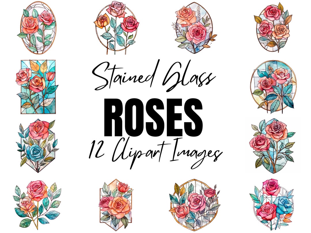 Stained Glass Clipart Red Roses Romantic Artistic Watercolour Digital ...