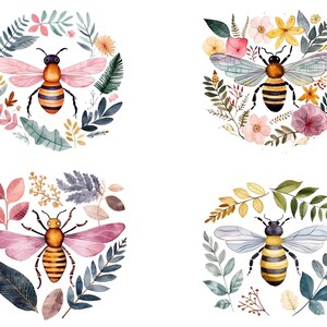 Boho Bees Clipart Pink Mint Flowers Wreath Honey Bumble Bee Watercolour ...