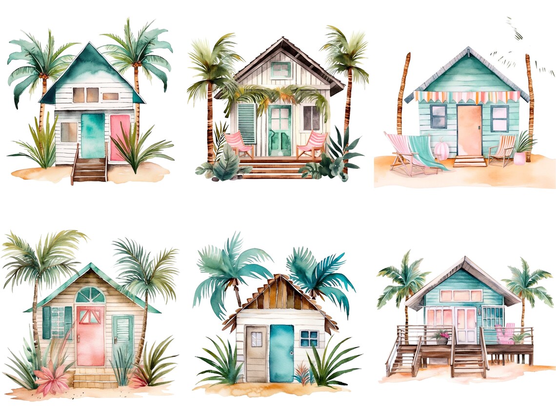 Clipart Beach Hut Graphics Set Pink Watercolour Bundle Summer Holiday ...
