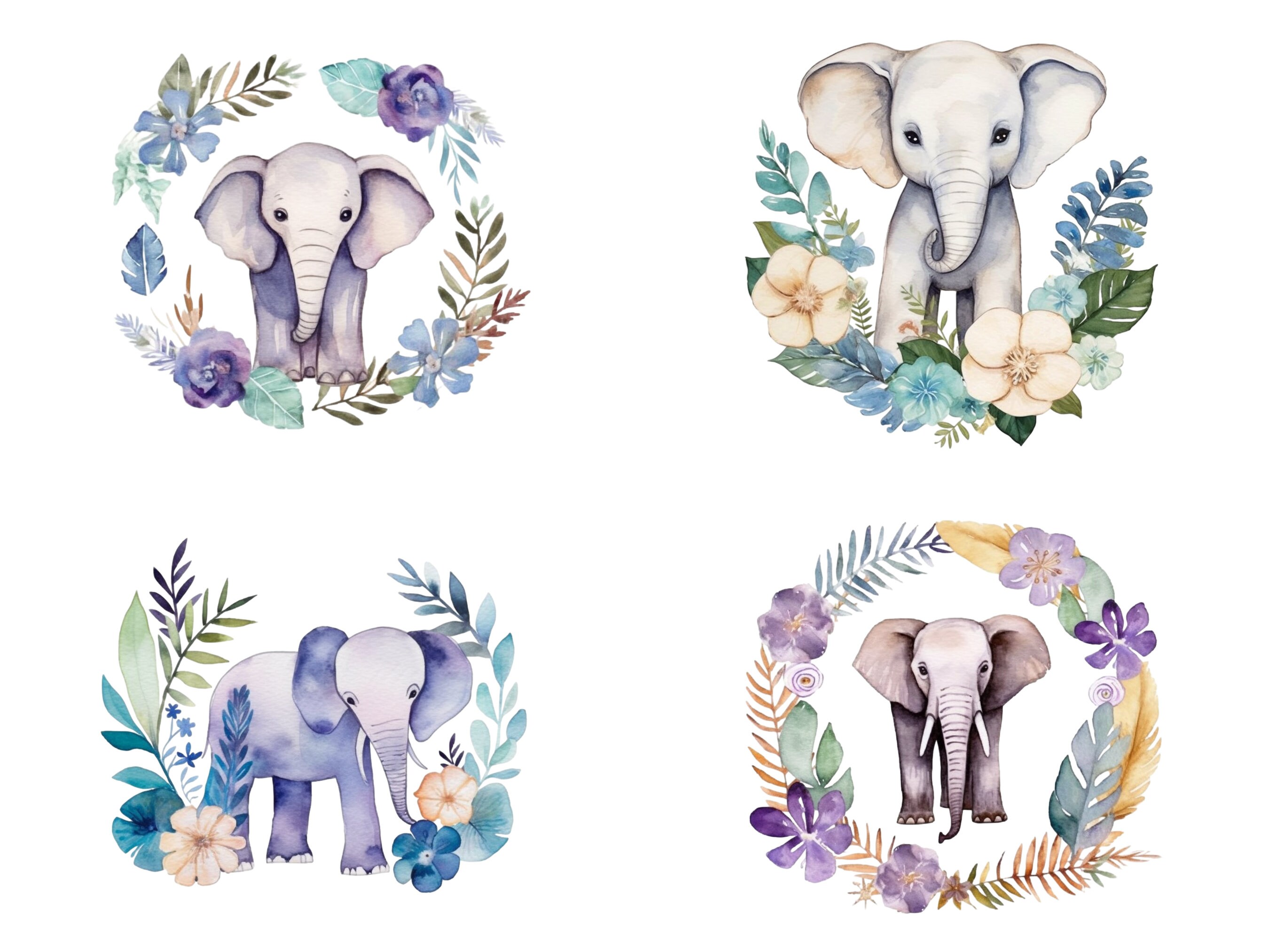 Elephants Clipart Set Teal and Purple Digital Png Illustration - Etsy