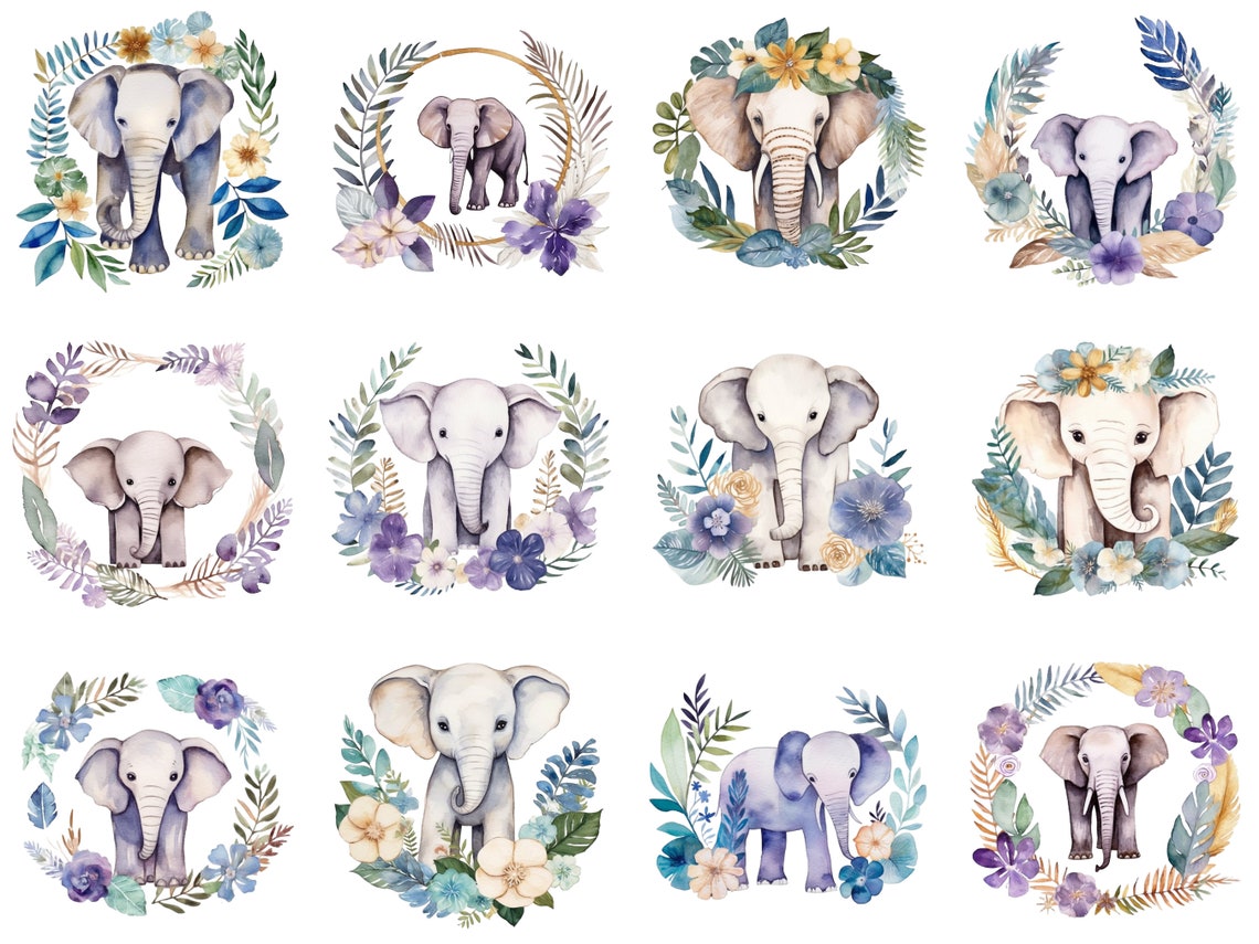 Elephants Clipart Set Teal and Purple Digital Png Illustration - Etsy