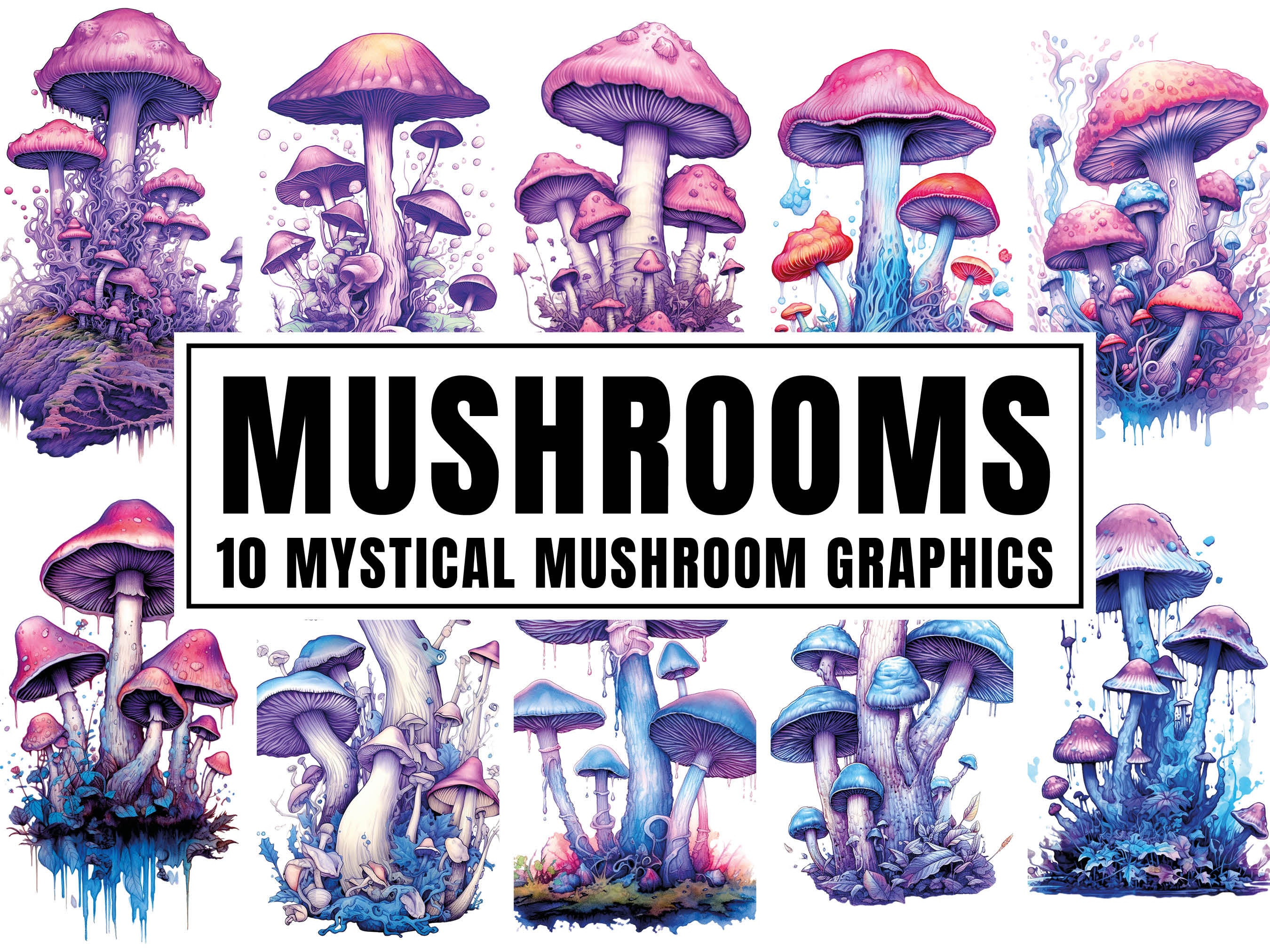 Mystical Mushroom Clipart Bundle Watercolour Graphics Set Transparent ...