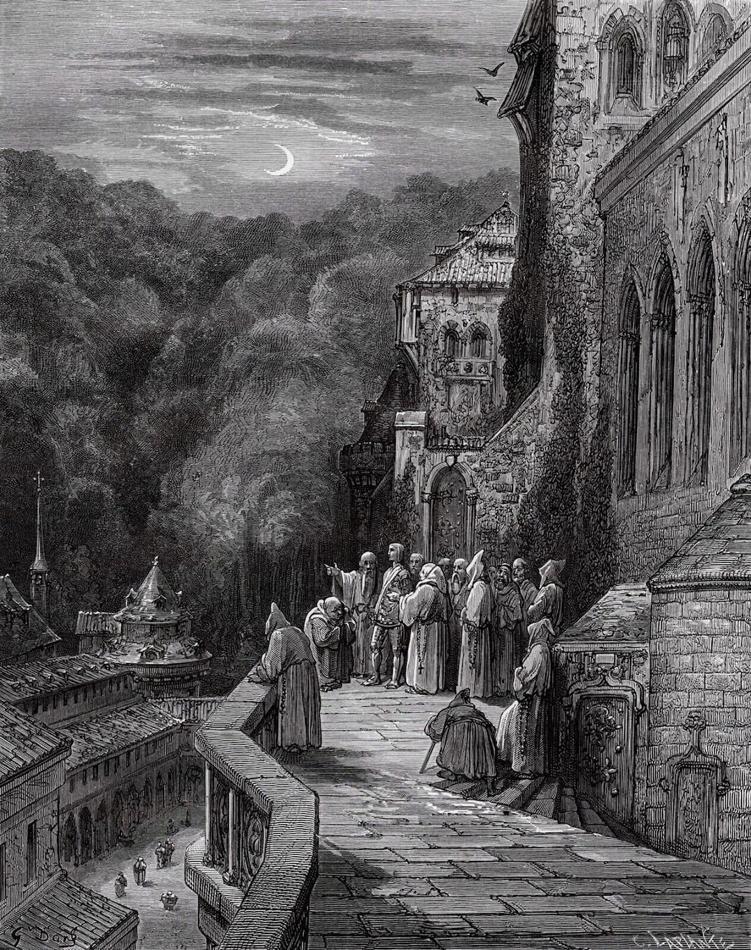 1800's Gustave DORE Signed Woodcut "the Monks Tell Rinaldo Where He Can ...