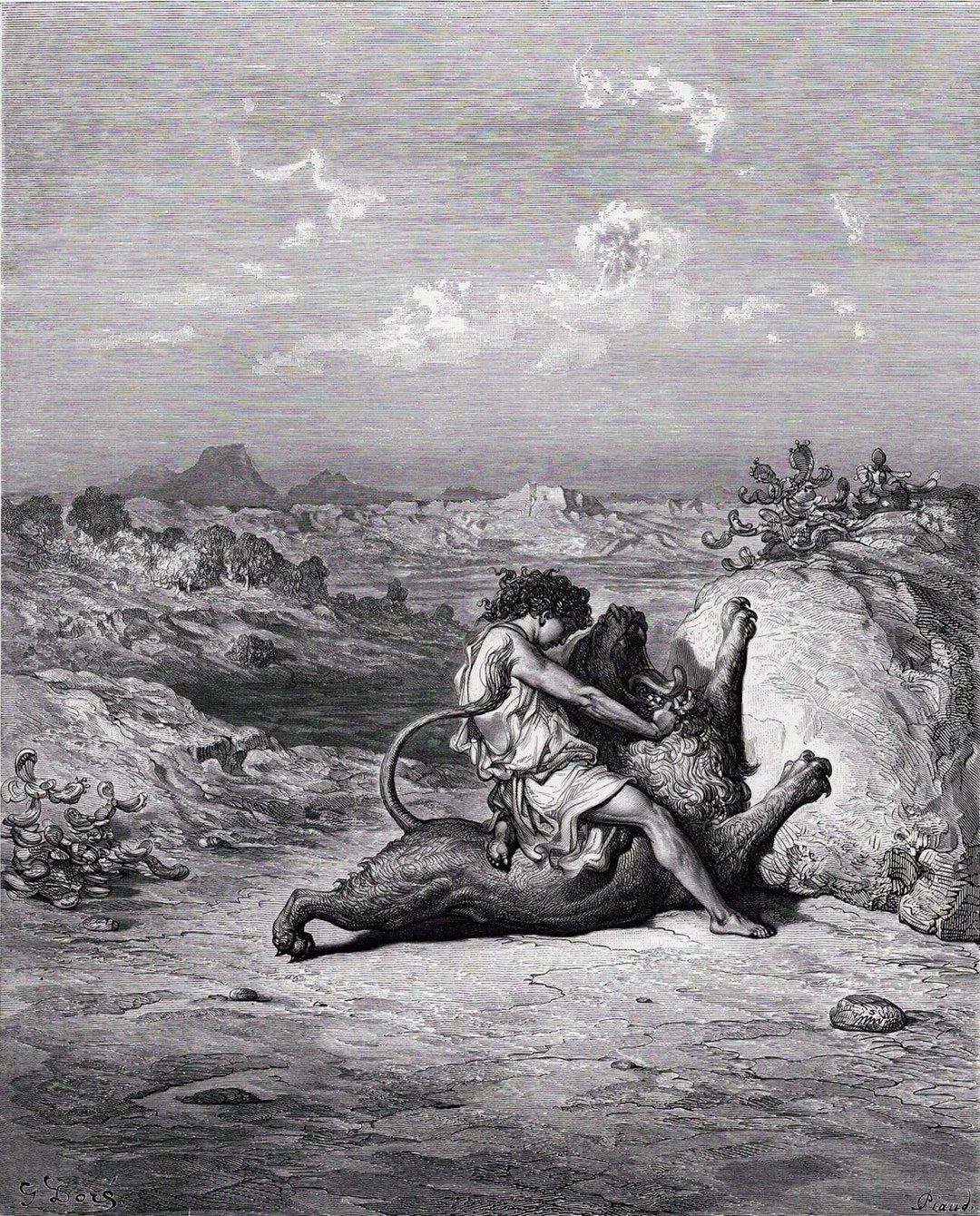 Gustave DORE 1800's Woodcut "the Lion Attacks Samson and is Slayed" Custom Framed SIGNED Gallery ...