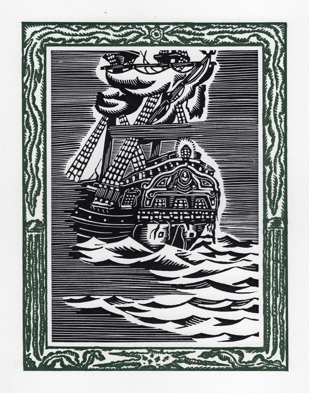 1946 Patrick De Manseau FRAMED Woodcut "sailing the East Coast of Chili ...
