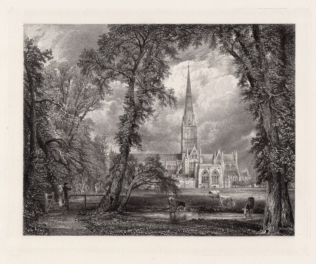 1800's John CONSTABLE Antique Engraving "cathedral of St. Mary" Custom ...