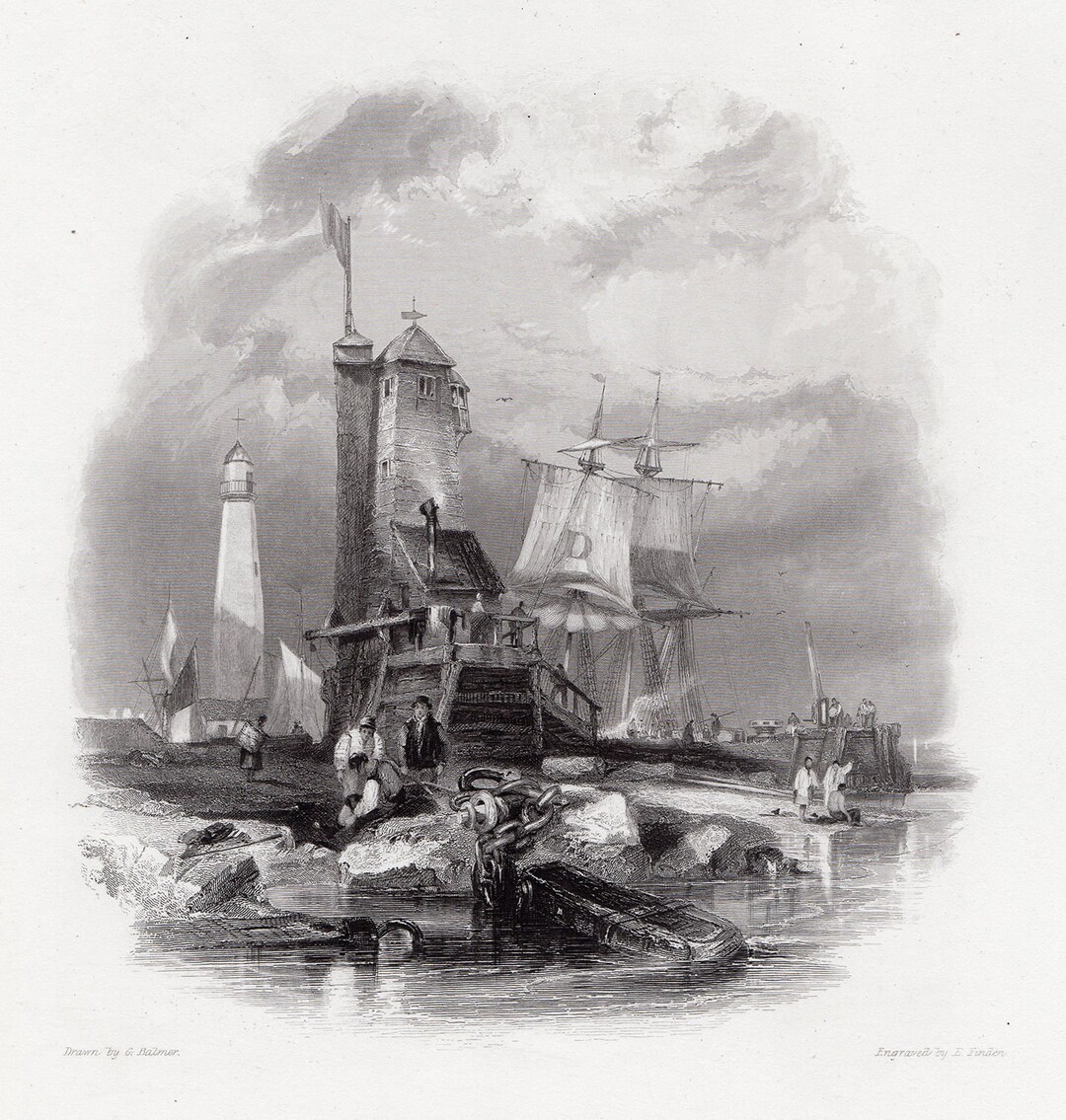 1800s George BALMER Engraving "sunderland, the Lighthouse on the South ...