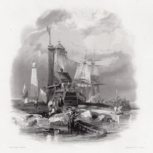 1800s George BALMER Engraving "sunderland, the Lighthouse on the South ...