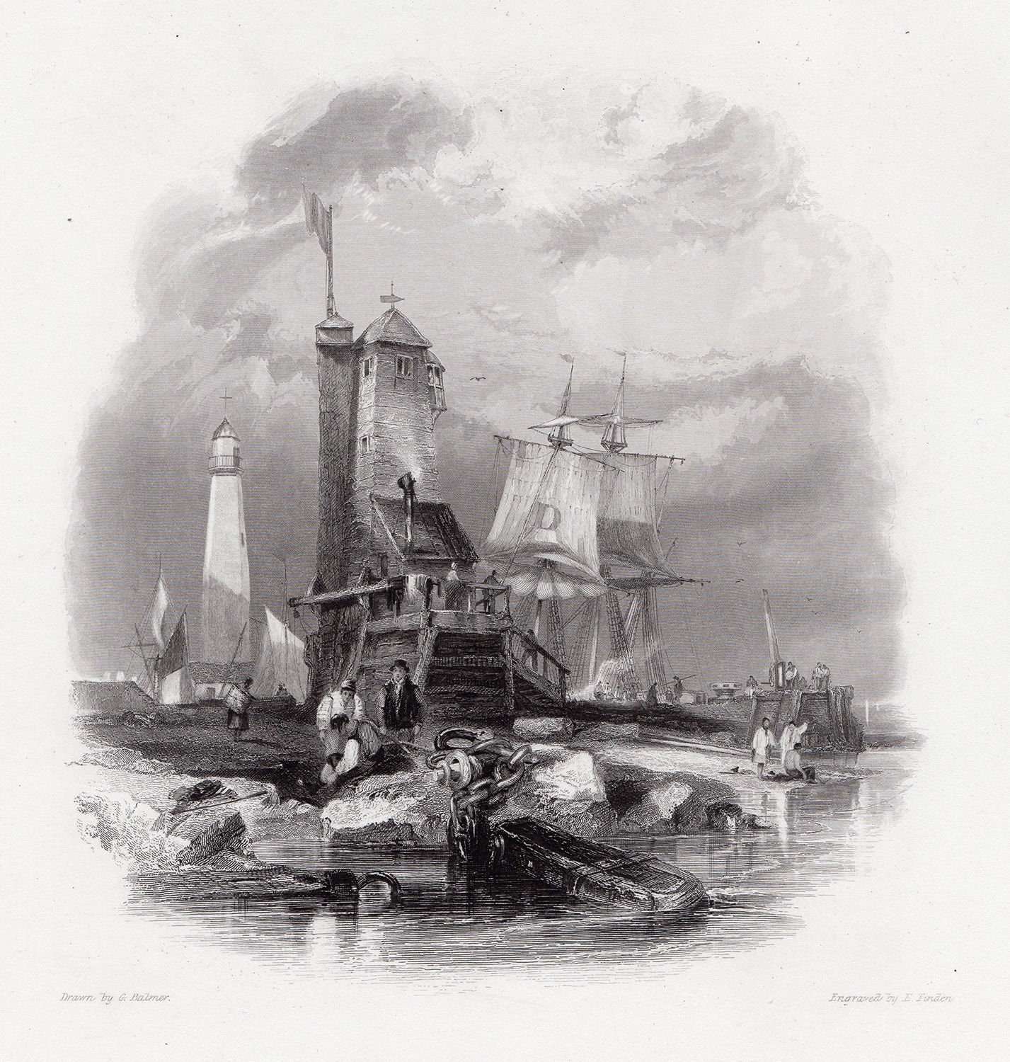 1800s George BALMER Engraving "sunderland, the Lighthouse on the South ...