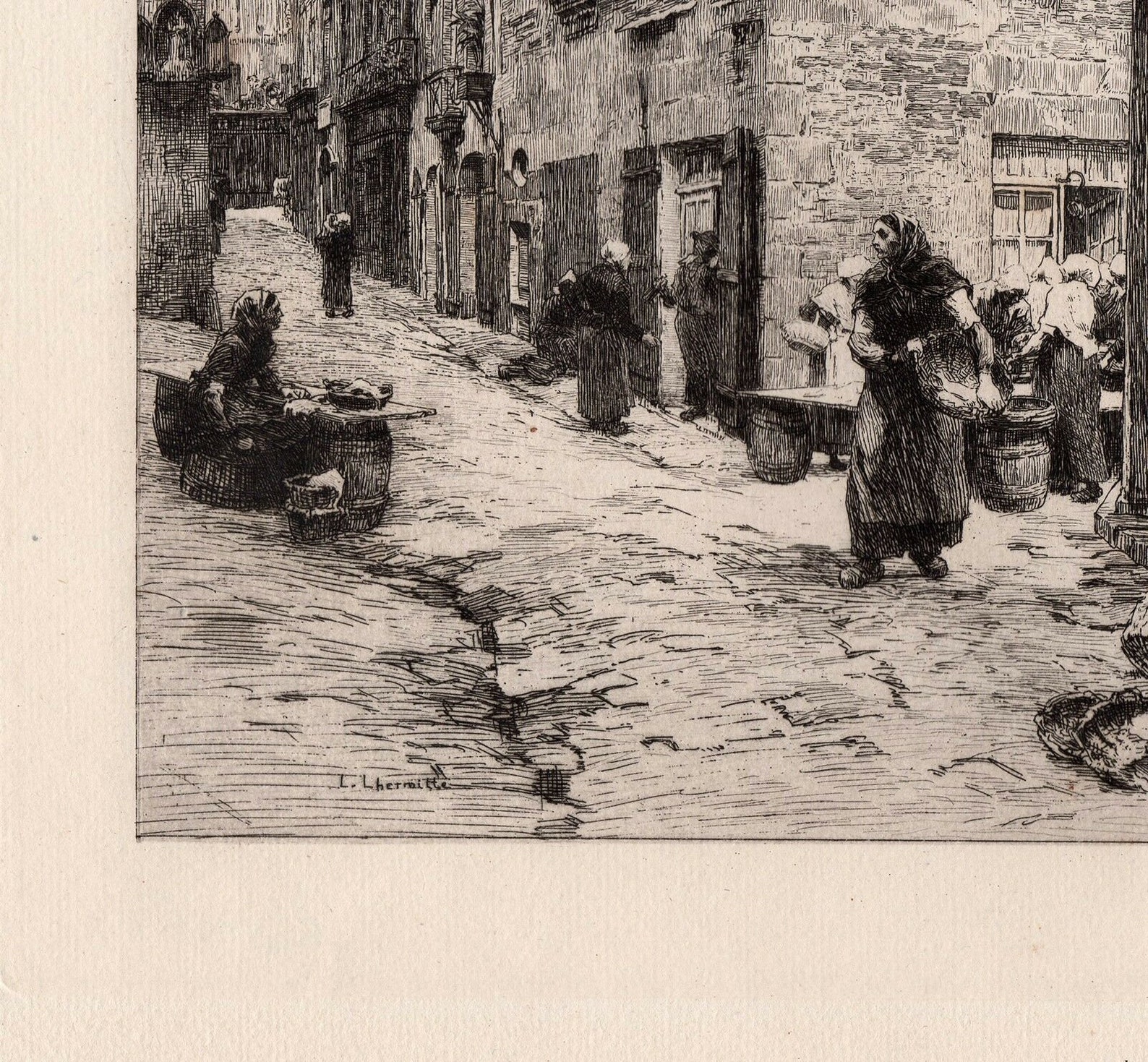 LEON LHERMITTE Original 1800s Etching famous St Malo Fish Market Framed ...