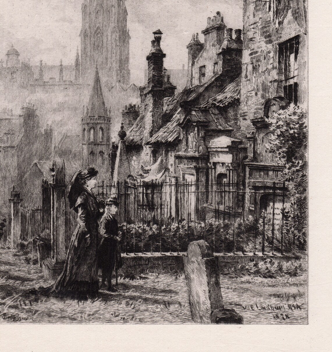 William Lockhart SIGNED 1800s Detailed Etching "view of Greyfriars ...