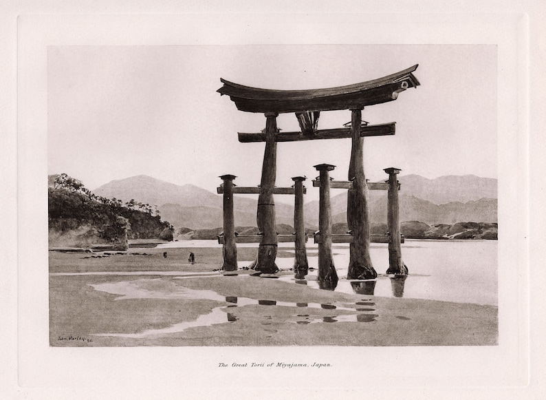 John VARLEY 1800's Antique Print "the Great Torii of Miyajima, Japan ...