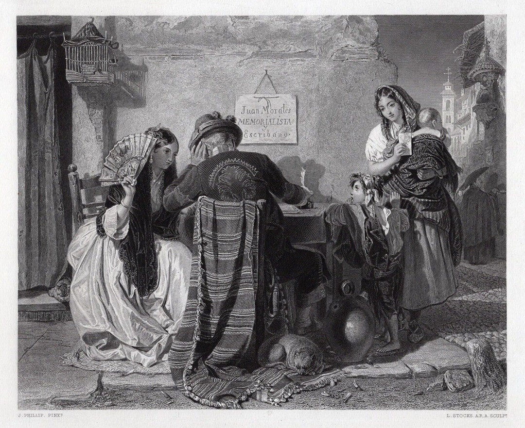 1800s John PHILLIP Engraving "the Letter Writer" SIGNED Gallery FRAMED ...