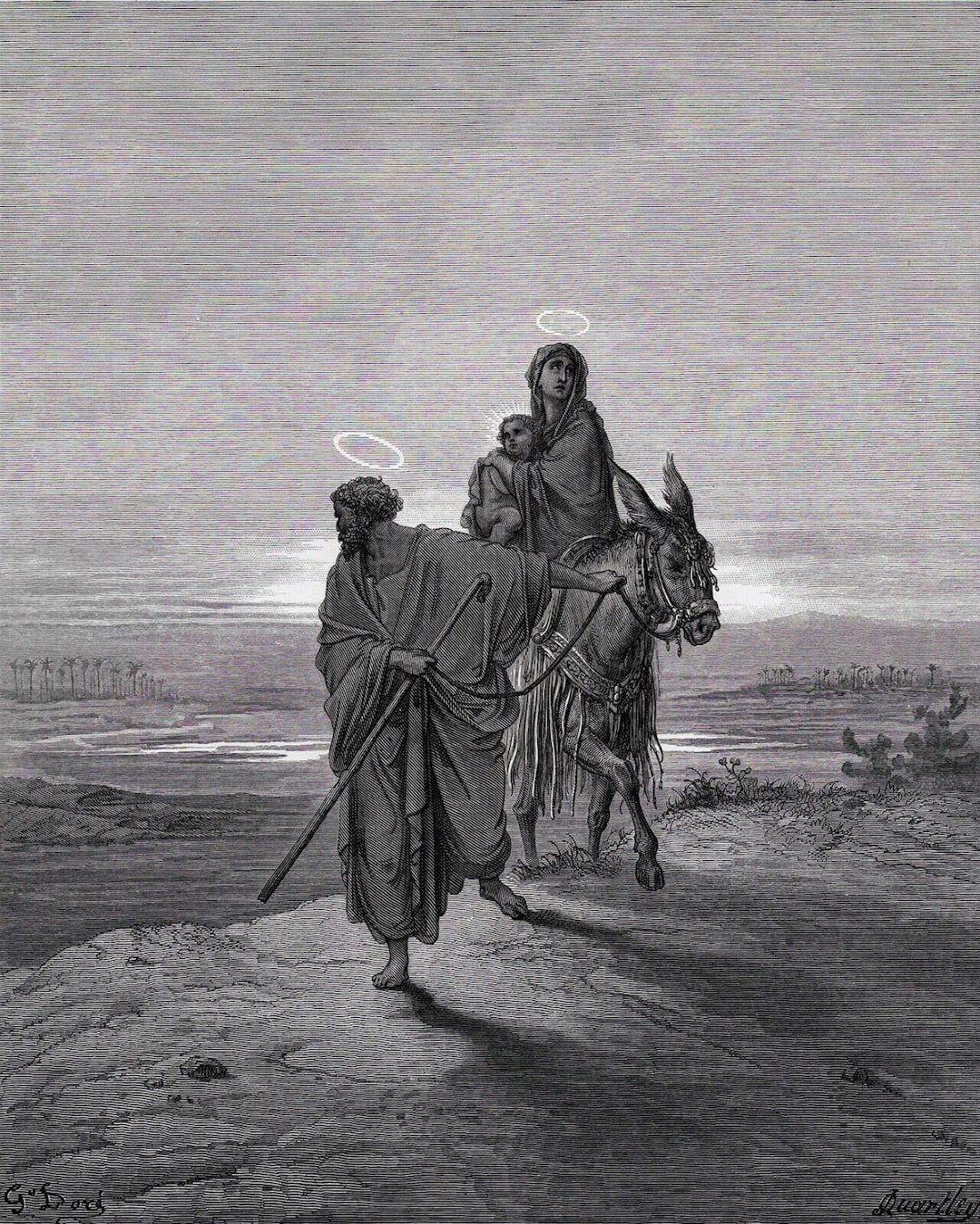 1800s Gustave DORE Religious Woodcut joseph,mary & Jesus Flee to Egypt ...