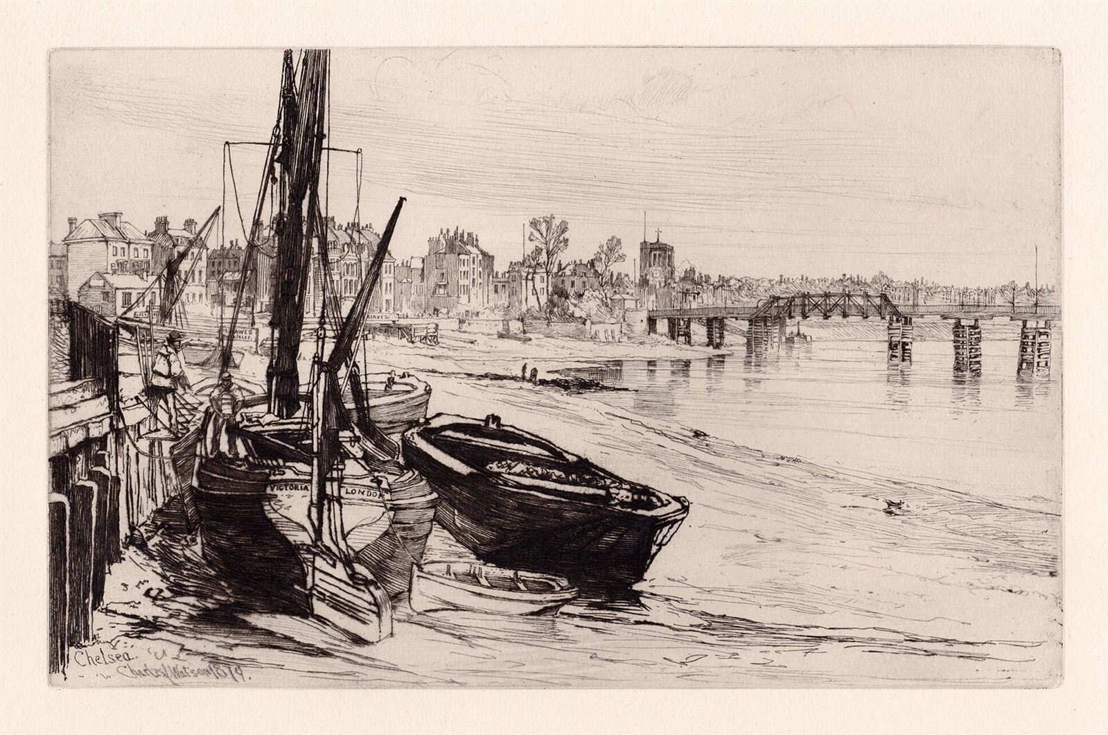 1800s Charles John WATSON Etching view of Chelsea From Thames Custom ...