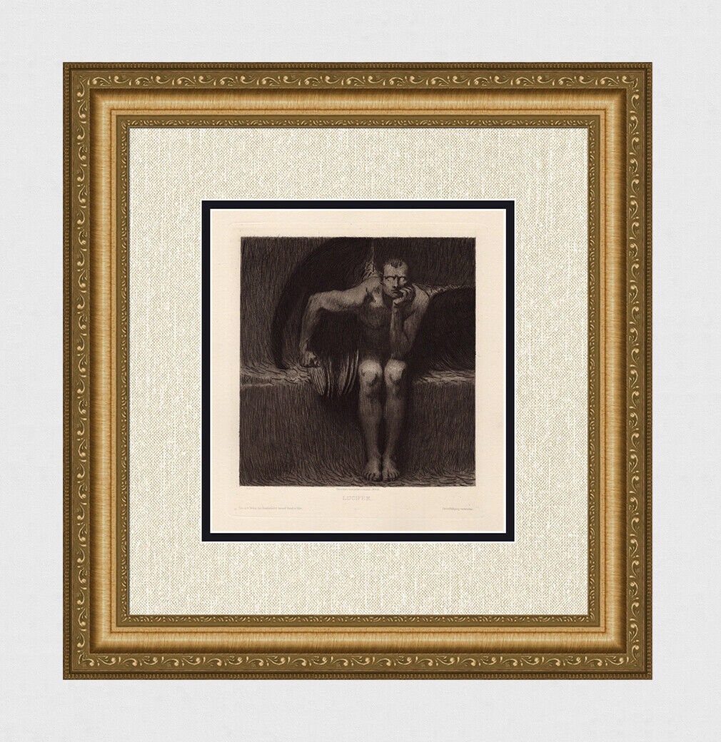 1800s Franz Von Stuck Original Etching "lucifer" Gallery FRAMED Signed ...