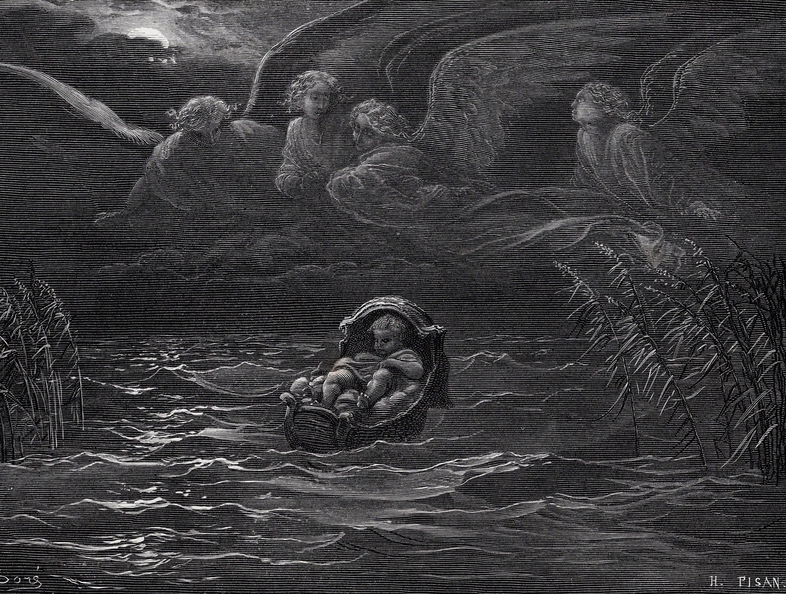 DORE 1800s Biblical Woodcut "angels Watching Over Moses on the Nile ...