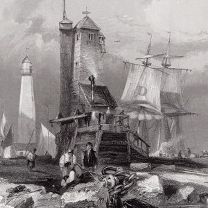 1800s George BALMER Engraving "sunderland, the Lighthouse on the South ...