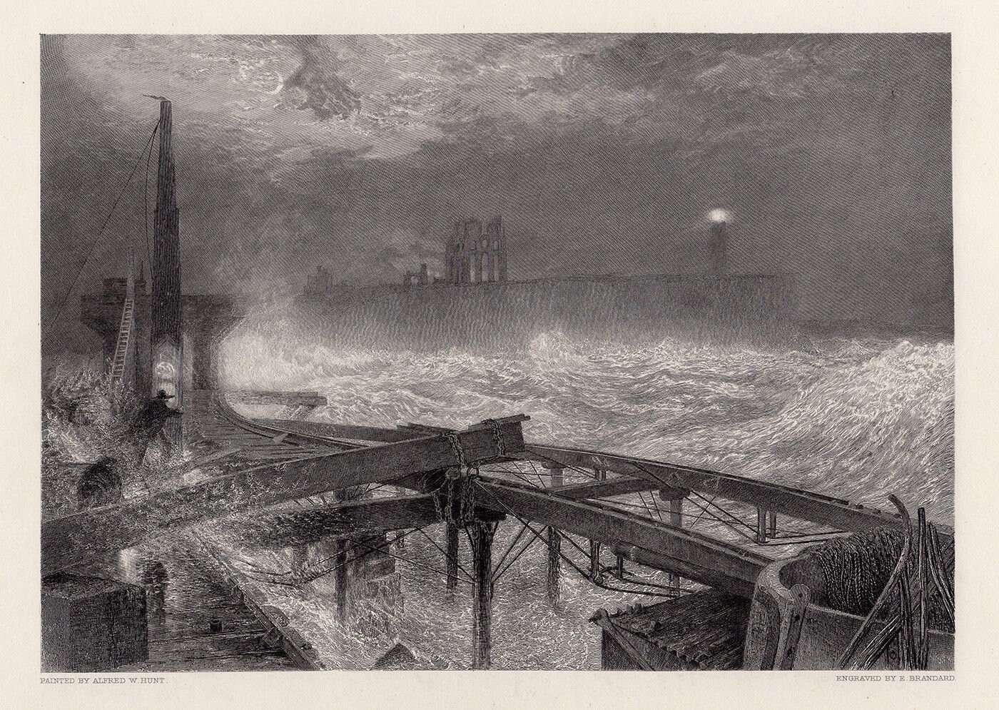 ALFRED WILLIAM HUNT Historic 1800s Engraving "tynemouth Pier on a ...