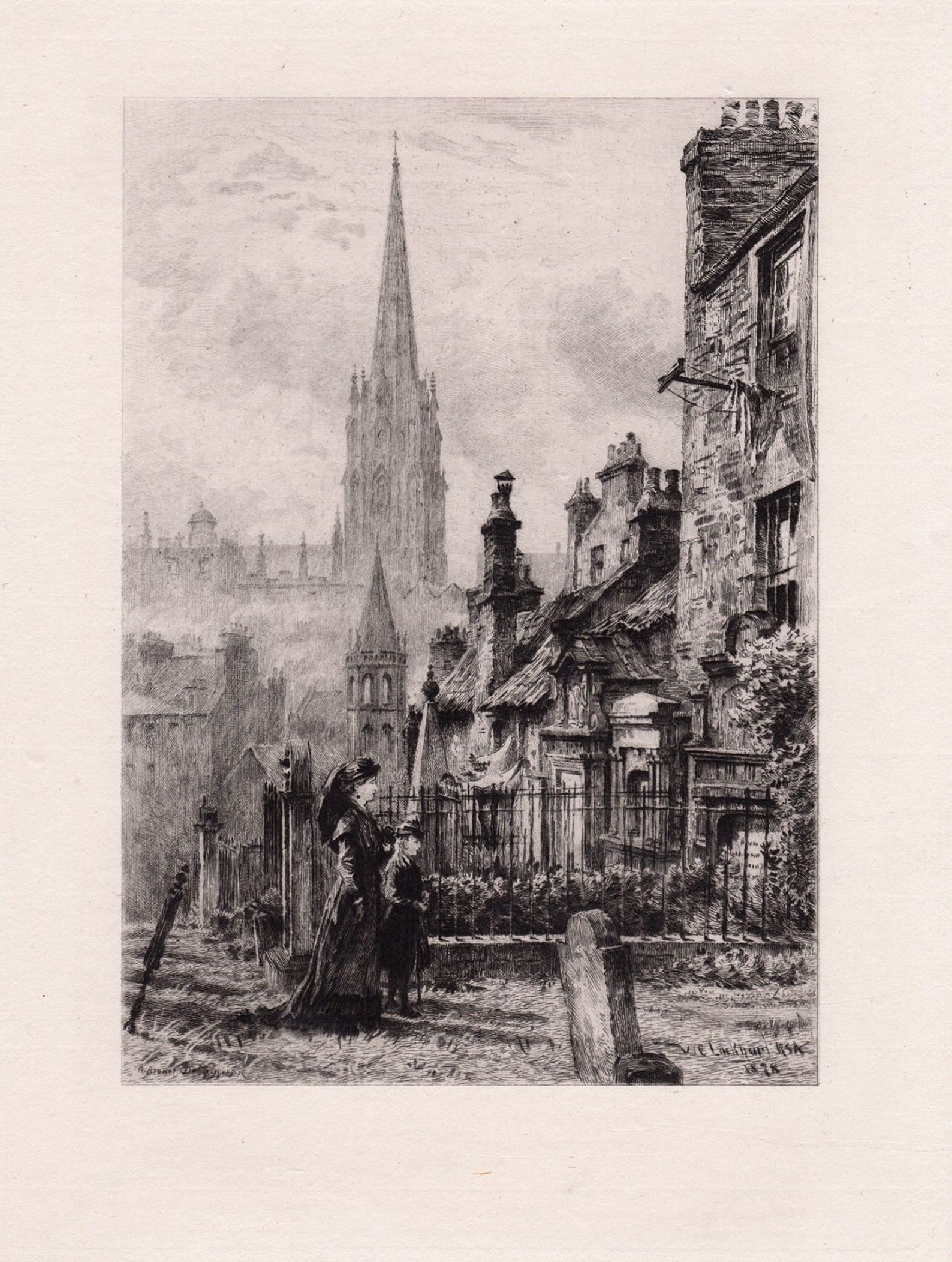 William Lockhart SIGNED 1800s Detailed Etching "view of Greyfriars ...