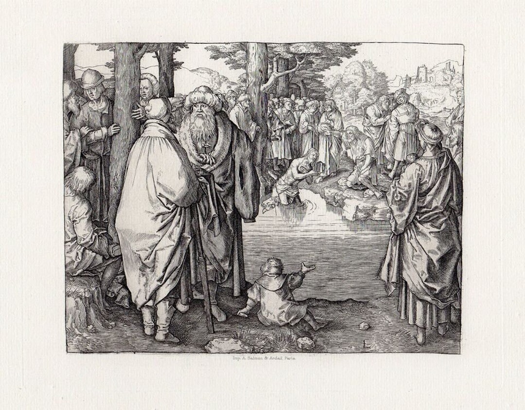 1800s Lucas Van Leyden Engraving "baptism of Jesus Christ in the Jordan ...